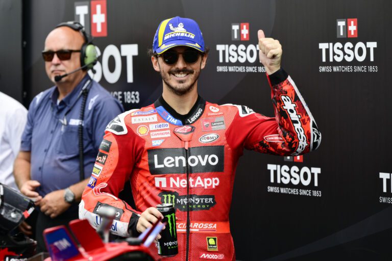 Francesco Bagnaia reacts to his first pole position of the season ...